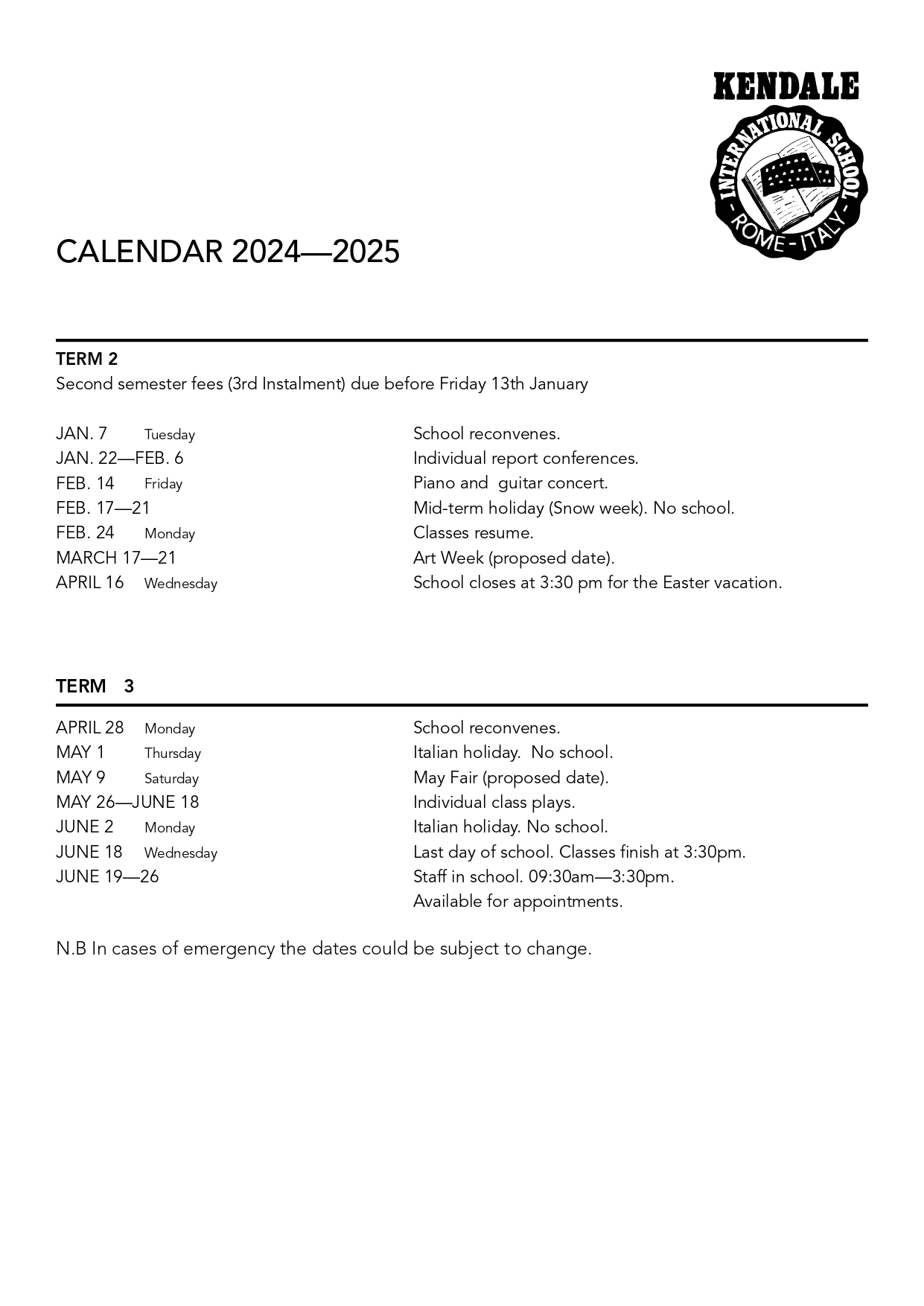 Kendale International School Calendar 2025-2026 [Elementary]