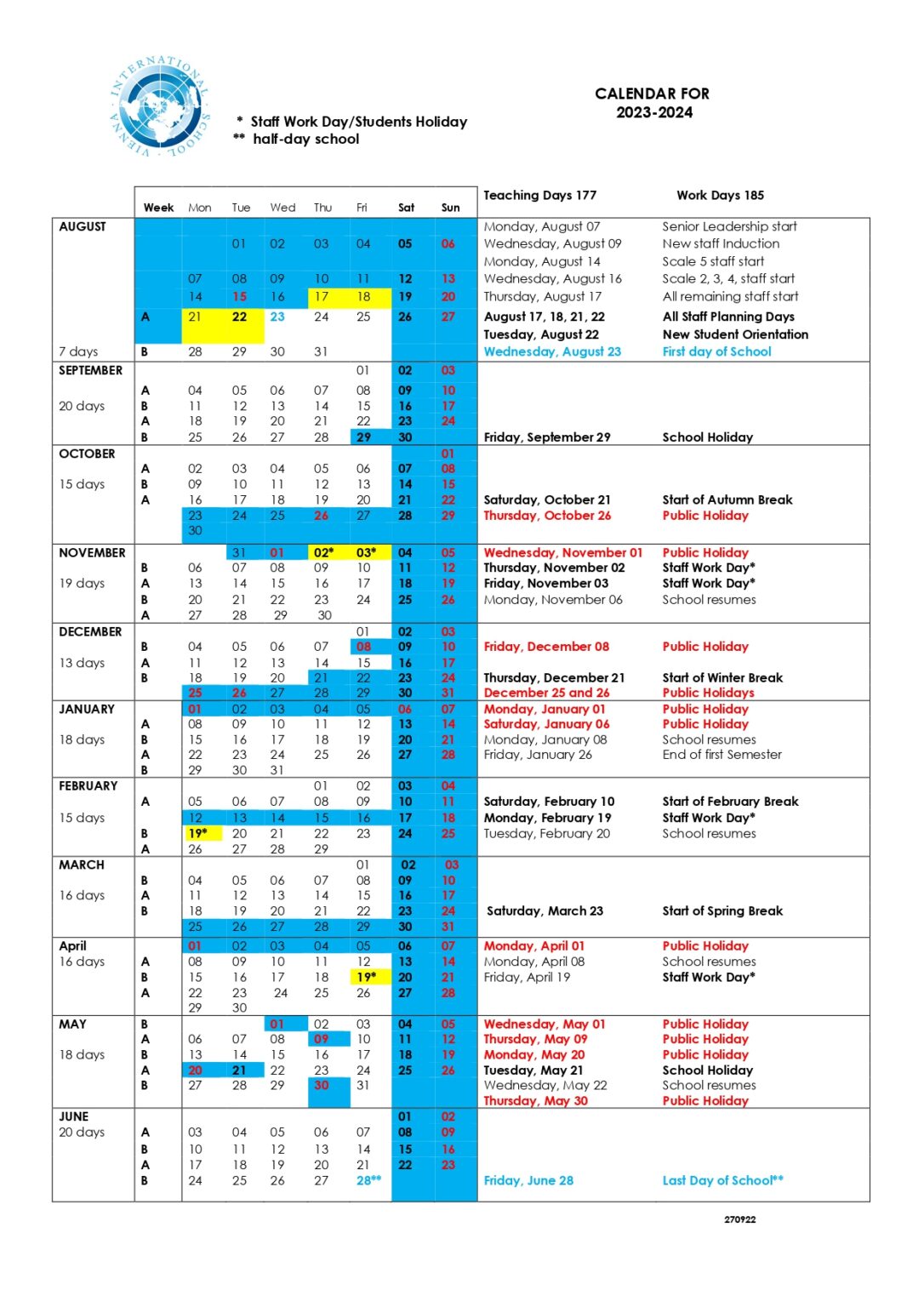 Vittoria Junior International School Calendar 2025-2026