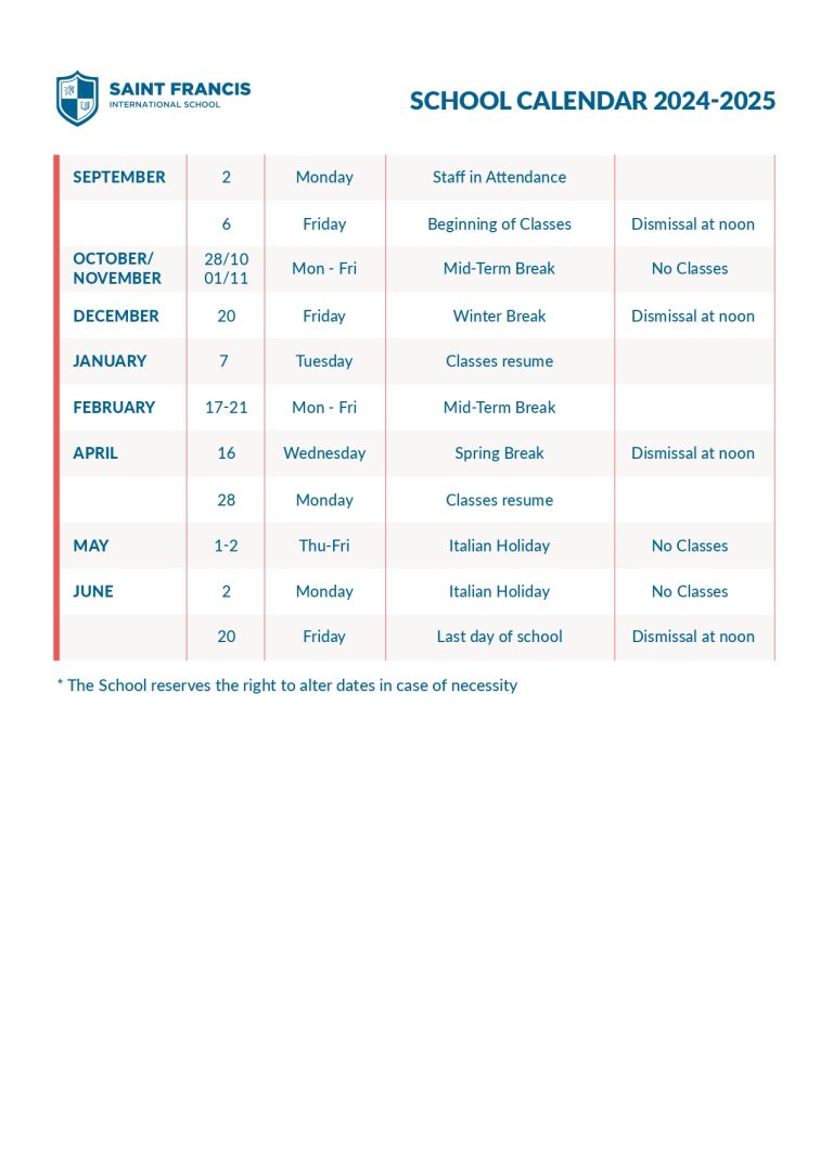 Saint Francis International School Calendar 2025-2026