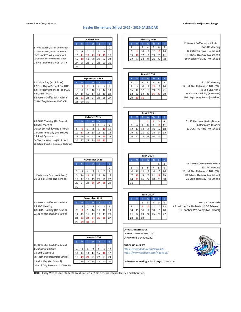 Naples Elementary School Calendar 2025-2026 [Naper Calendar]