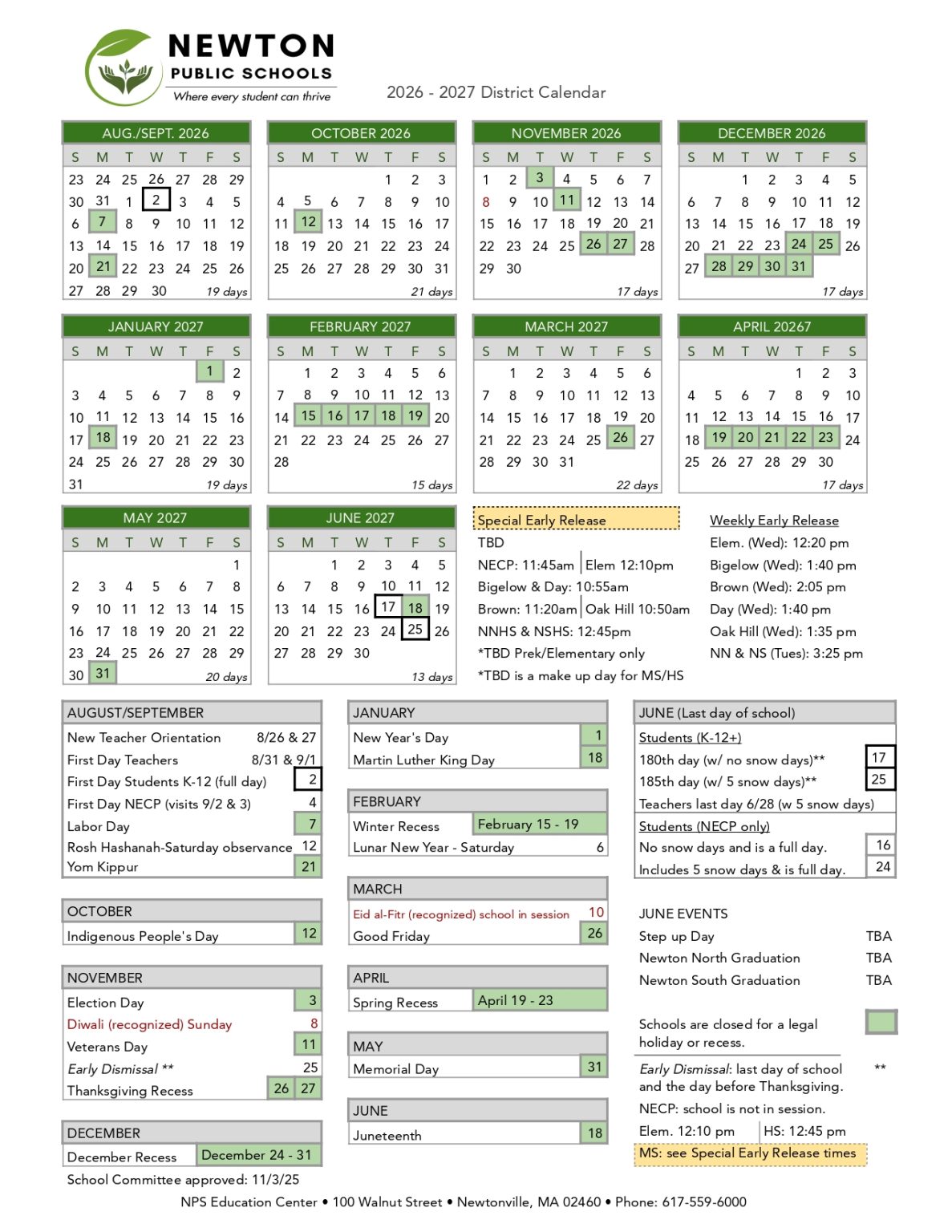 Newton Public Schools Calendar 2026-2027 [District]