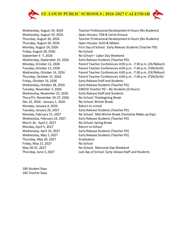St. Louis Public Schools Calendar 2026-2027 [Academic Year]