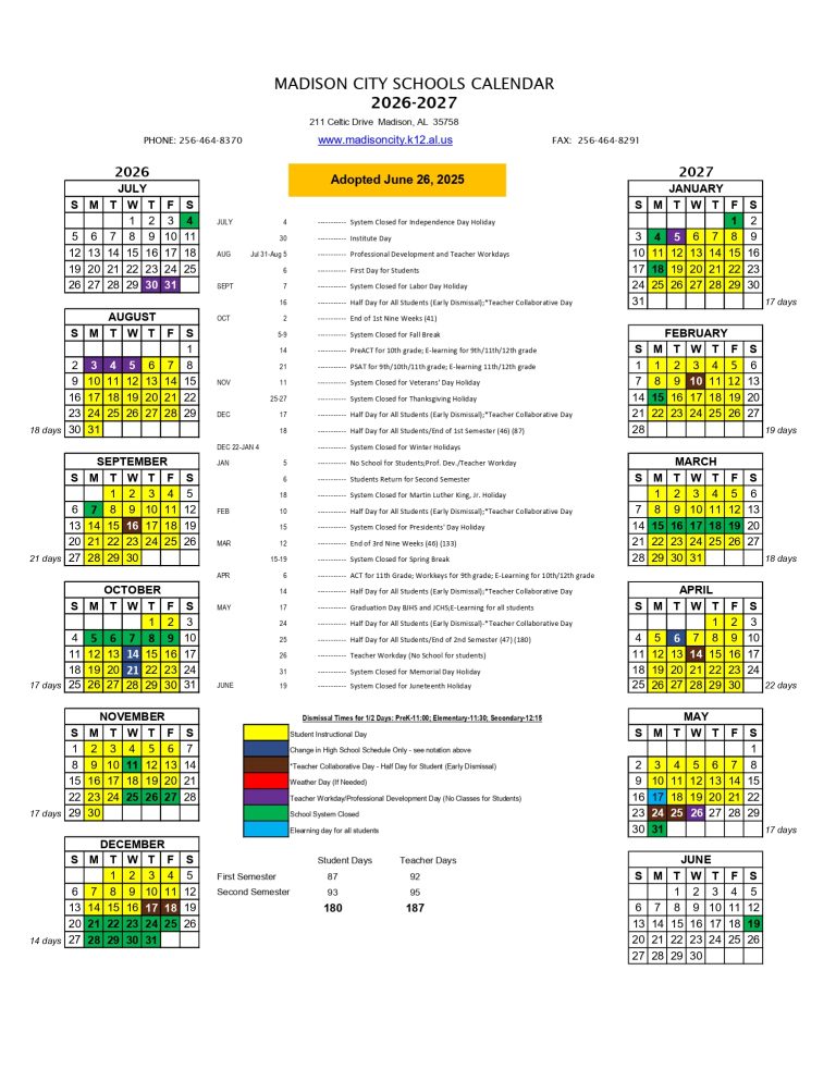 Madison City Schools Calendar 2026-2027 [Public Schools]