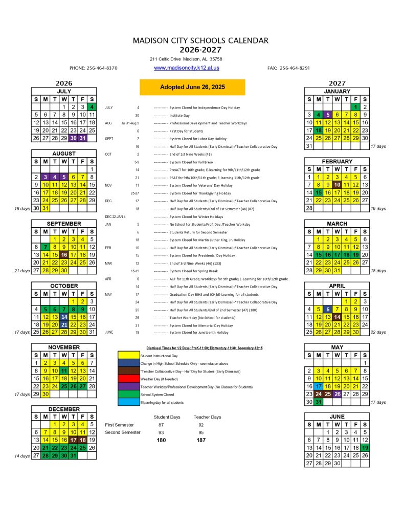 Madison City Schools Calendar 2026-2027 [Public Schools]