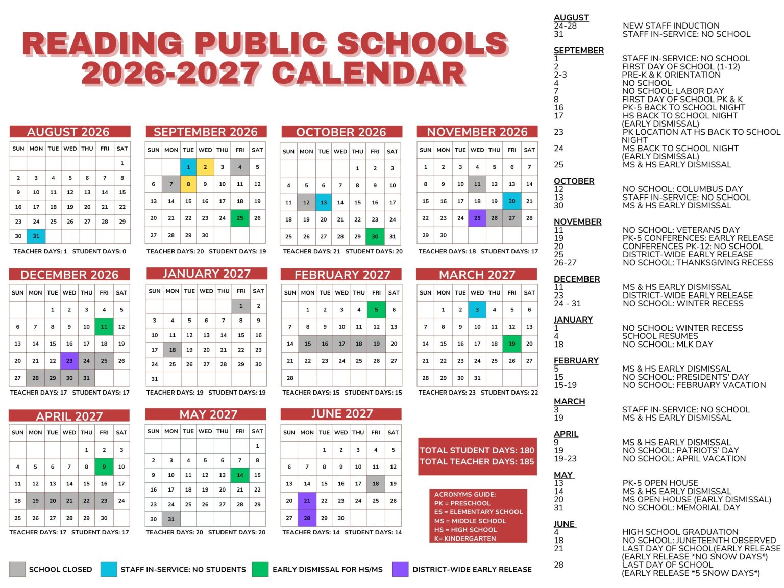 Reading Public Schools Calendar 2026-2027 [High Schools]