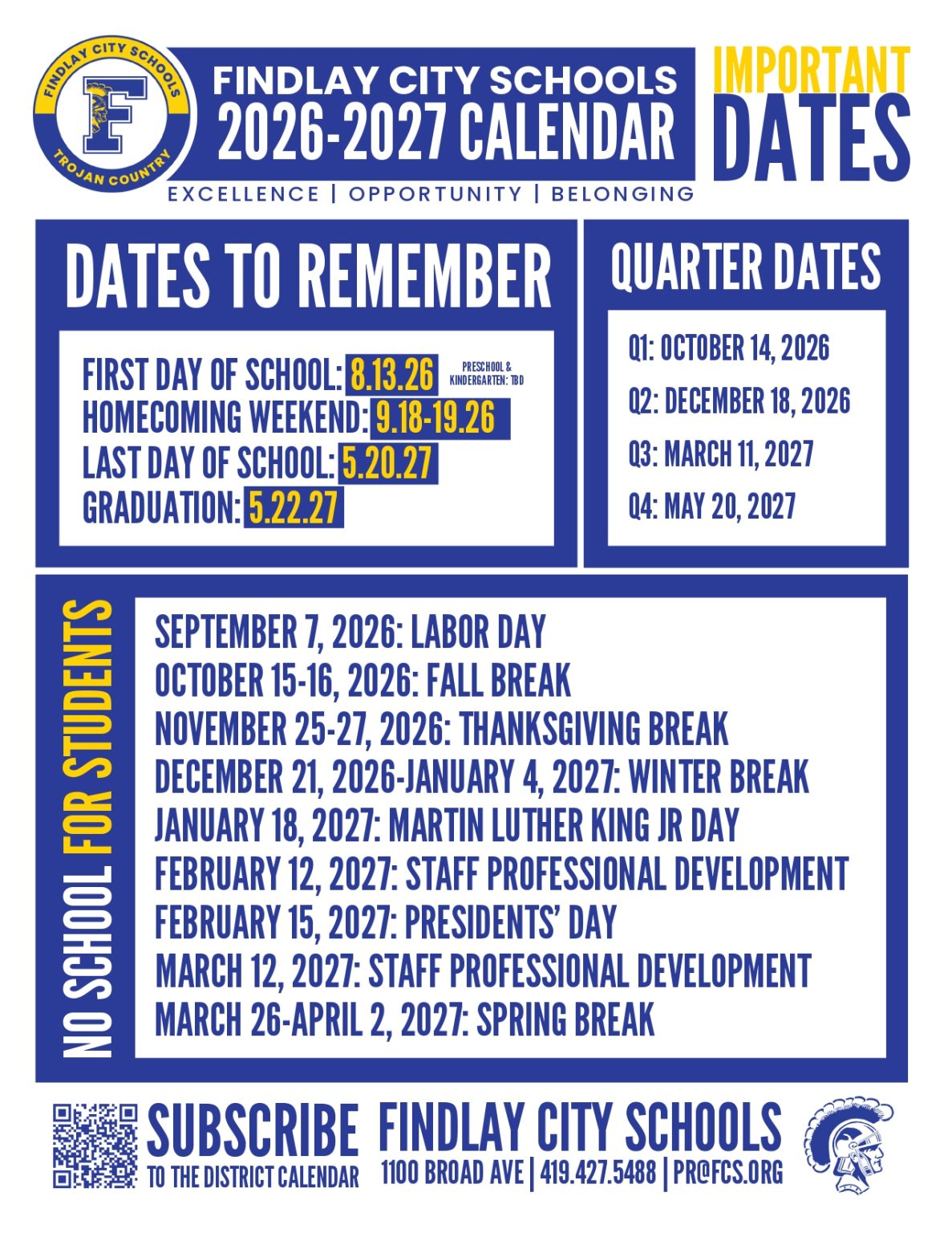 Findlay City Schools Calendar 2026-2027 [High Schools]